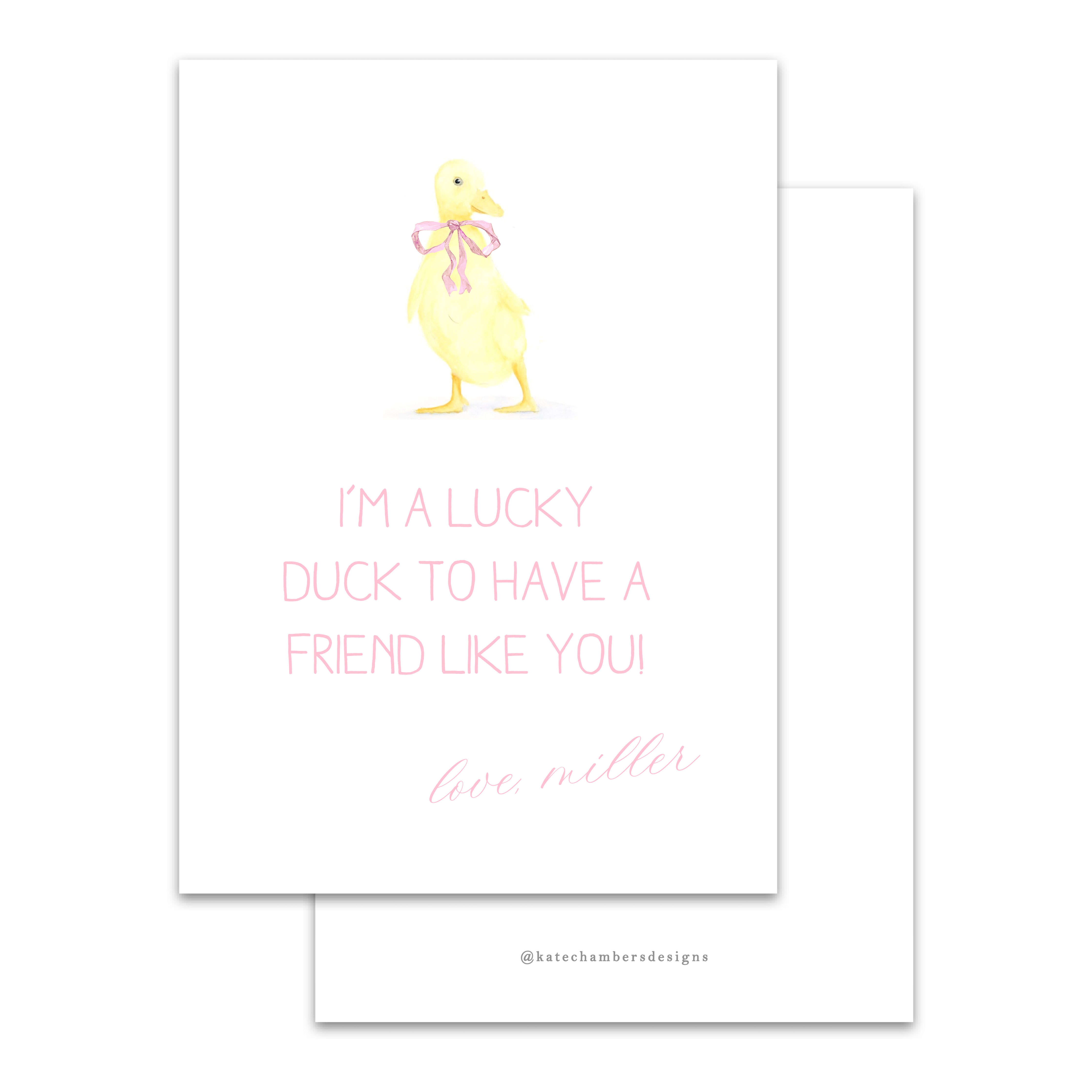 Pink Watercolor Bow Lucky Duck Valentine's Day Card – KateChambersDesigns